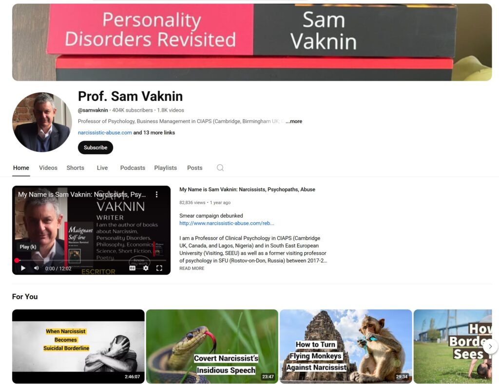 Prof. Sam Vaknin Videos establishing him as the no.1 expert